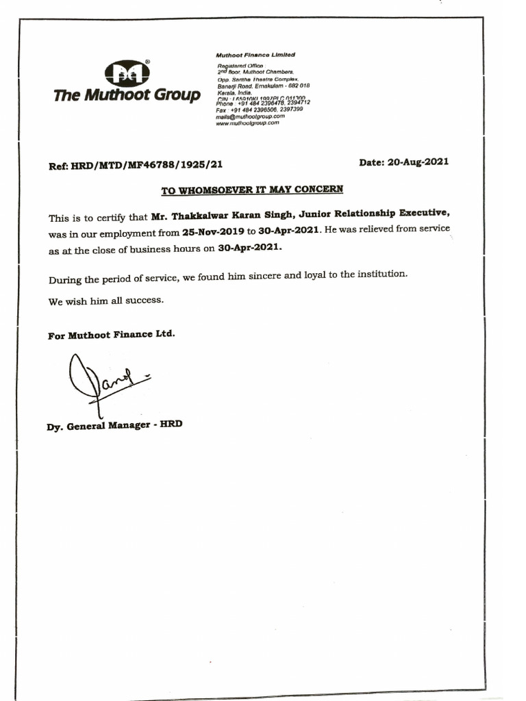 Muthoot Finance Relieving Letter | PDF