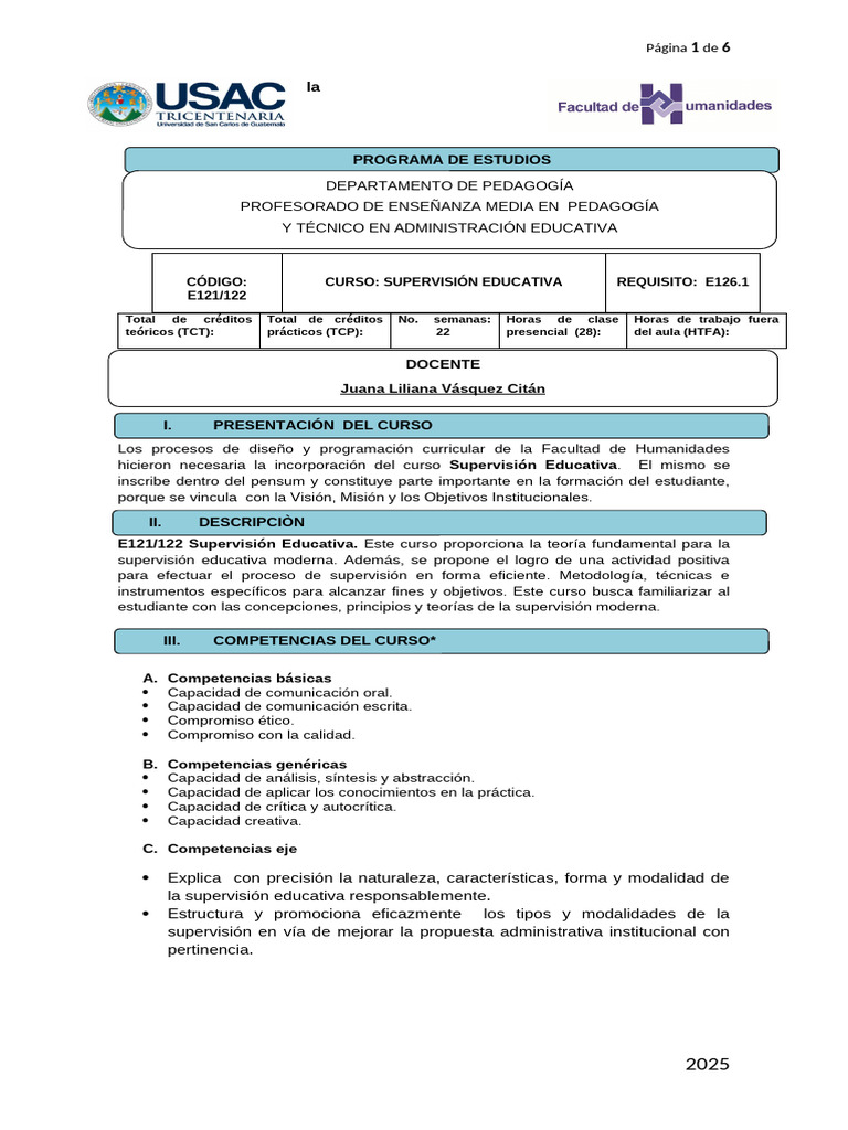 Programa E121-122 Supervisión Educativa 2025 | PDF | Evaluación | Aprendizaje