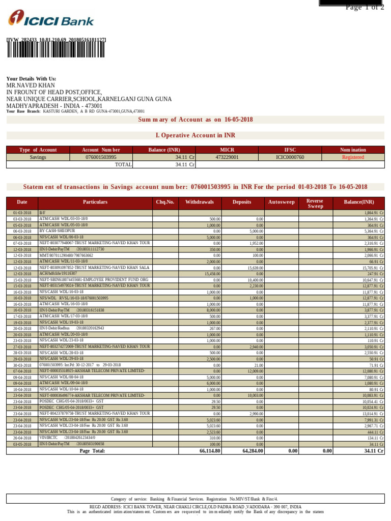 ICICI Bank Statement Summary | PDF | Banks | Financial Technology