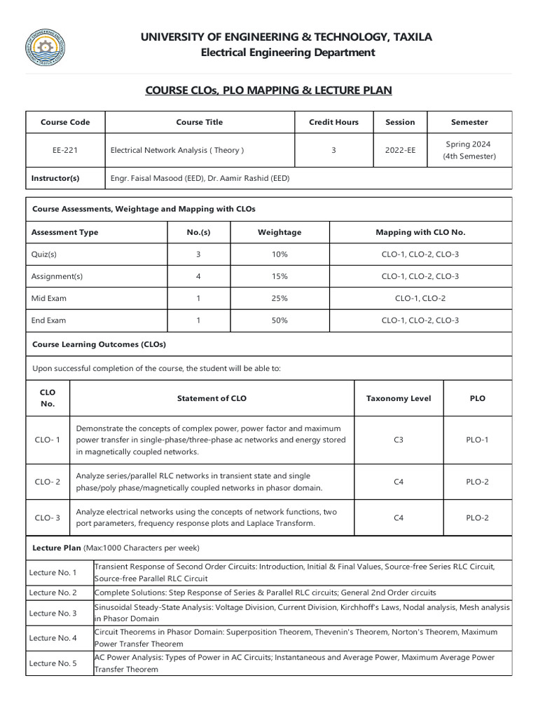 Lecture Plan Pdf Ac Power Electrical Network