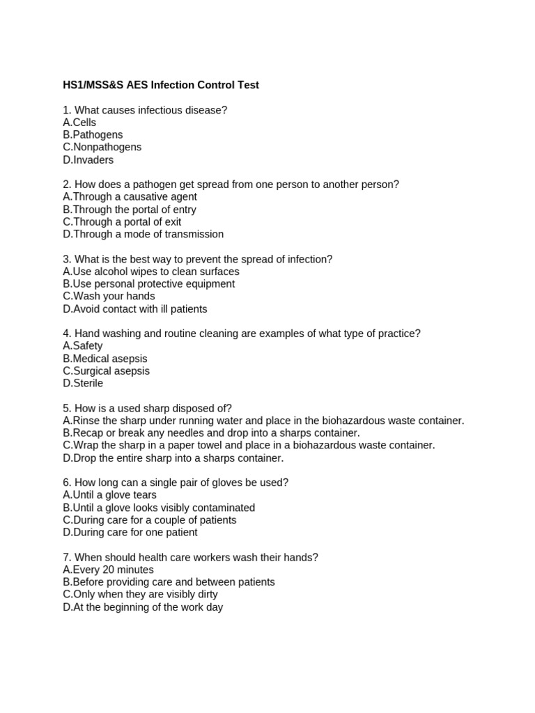 MSS - HS1 A&P Infection Control Test | PDF | Infection | Health Care