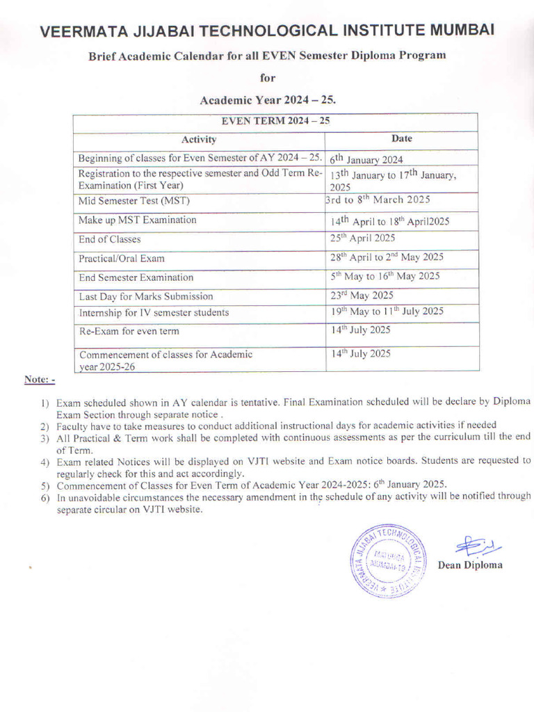VJTI Diploma Academic Calender Even Sem 2024 25 | PDF