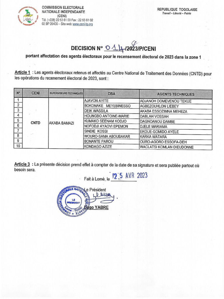 Décision N° 014 portant affectation des agents électoraux au CNTD | PDF