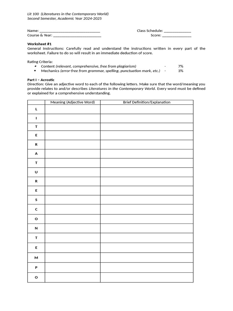 Worksheet for Lit 100 Course Assignment | PDF | Word | Human Communication