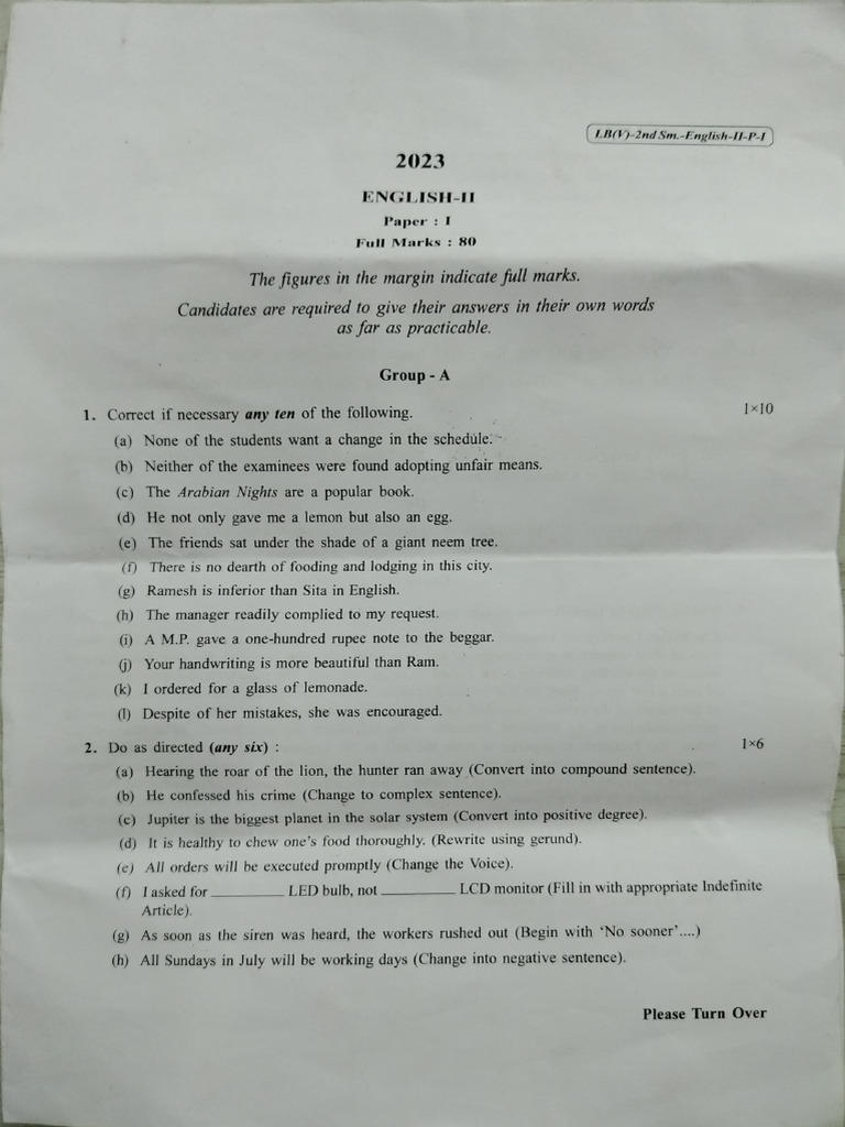 2nd Sem English Question Paper (2023) | PDF
