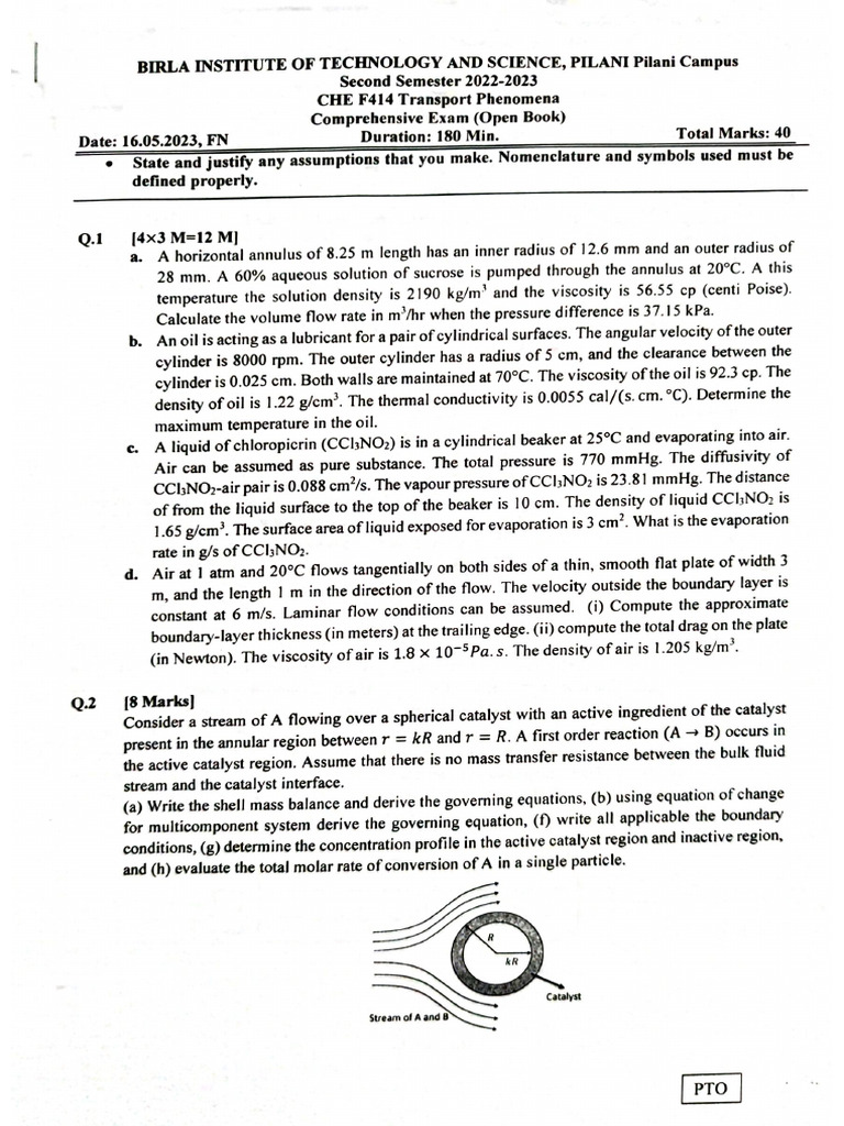 1155 CHE F414 20230524120554 Comprehensive Exam Question Paper | PDF