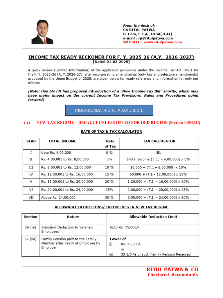 Income Tax Ready Reckoner - FY 2025-26 | PDF | Expense | Capital Gain
