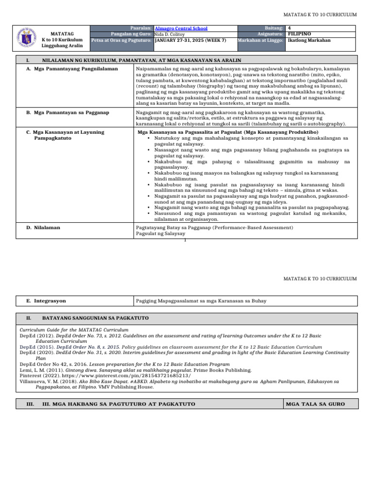 DLL MATATAG _FILIPINO 4 Q3 W8 | PDF