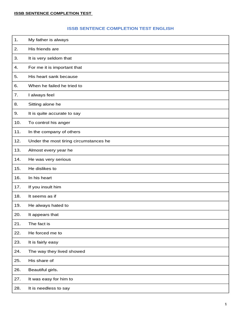 Unset 3 ISSB Sentence Completion Test English Urdu 200 Each | PDF ...