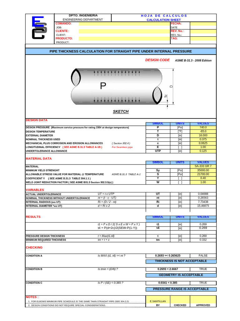 Pipe Thickness Calculation Sheet | PDF | Pipe (Fluid Conveyance ...