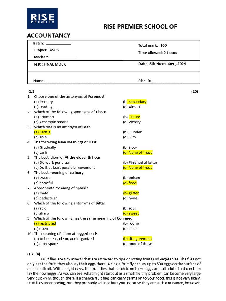 BWCS FINAL Mock DAY 2 Highlighted | PDF | Fly