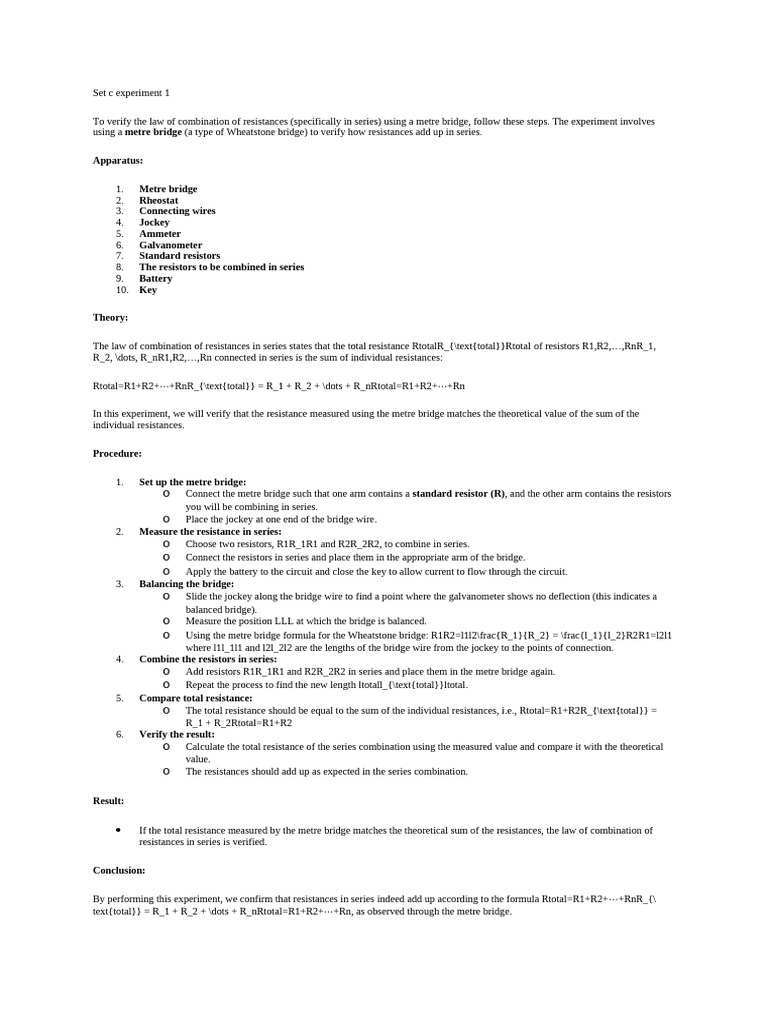 Set c Experiment 1 | PDF | Resistor | Quantity