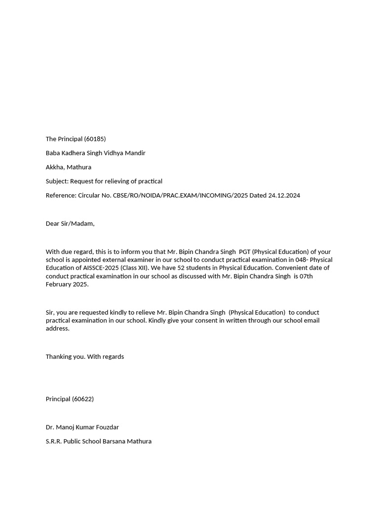 Relieving Letter for External Examiner | PDF