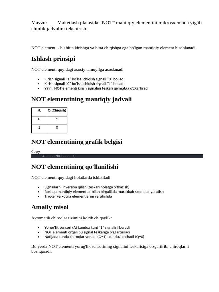 Ishlash Prinsipi: Mavzu: Maketlash Platasida "NOT" Mantiqiy Elementini ...