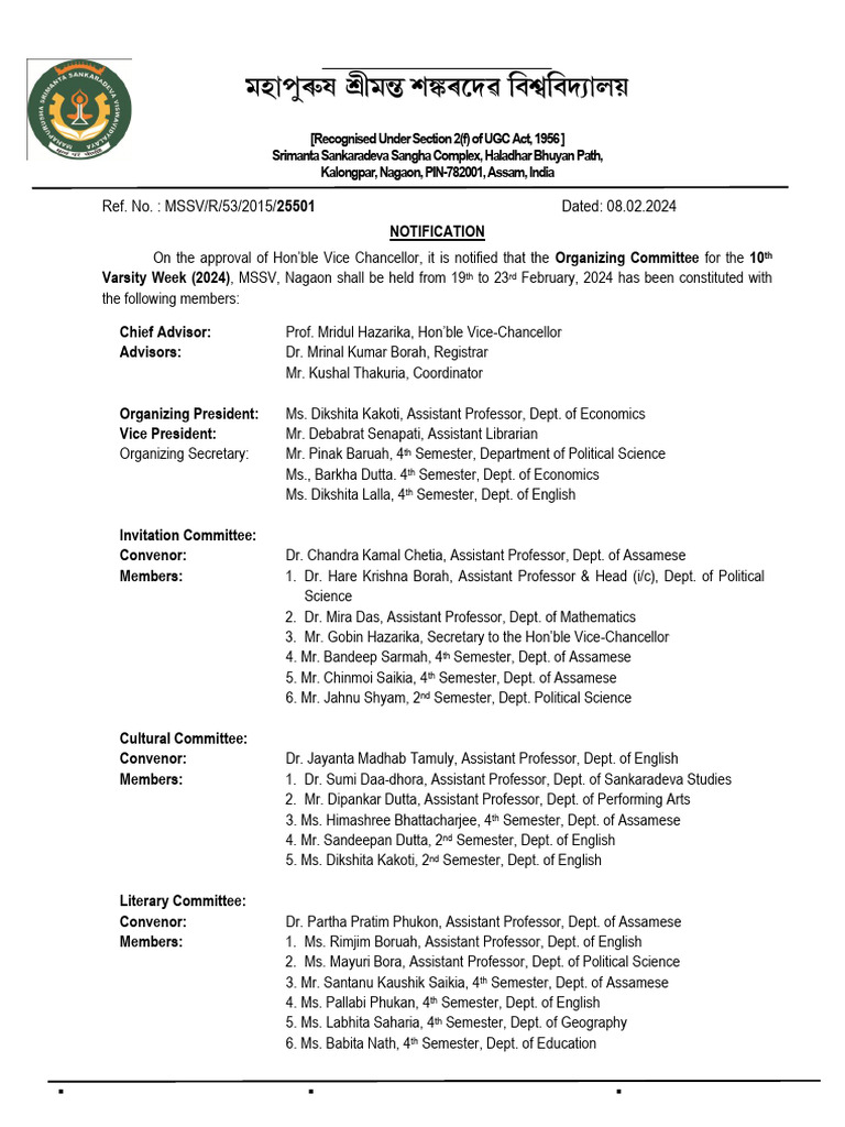Notification Reg. 10th Varsity Week Organising Committee (Nagaon Campus ...