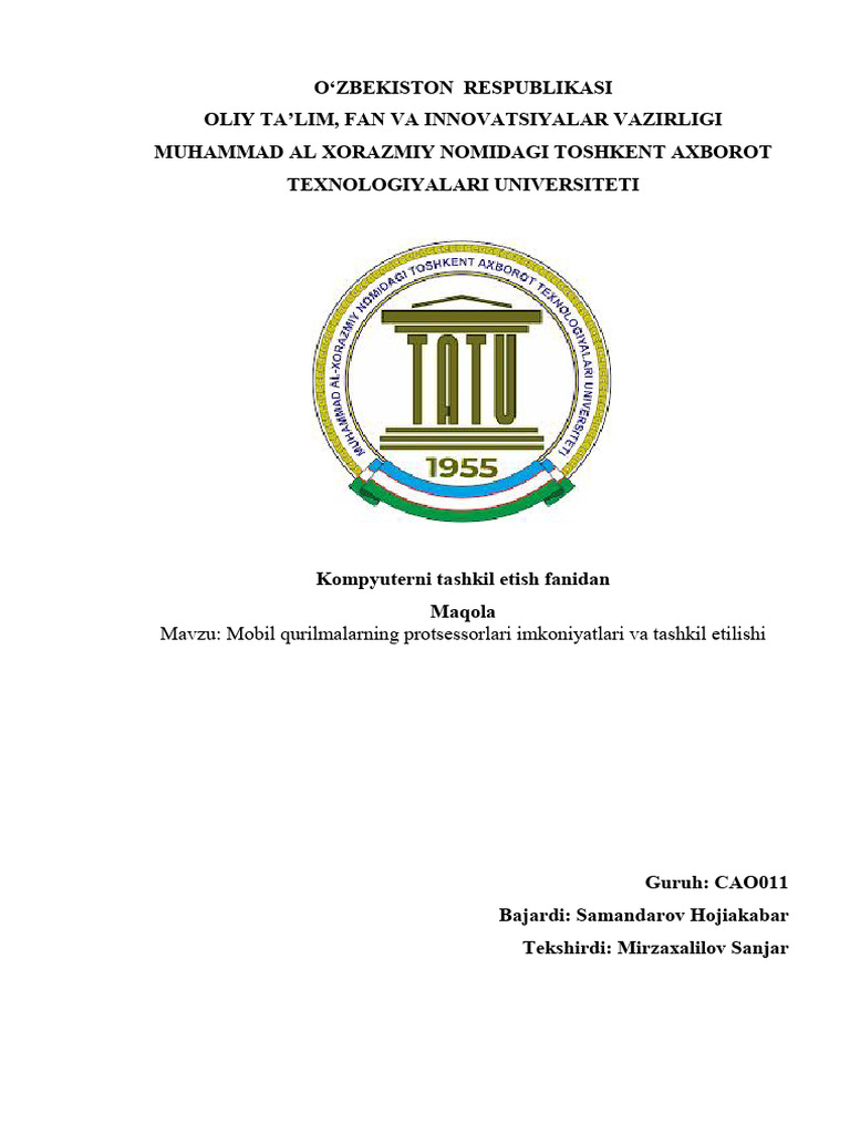 Mobil Qurilmalarning Protsessorlari Imkoniyatlari Va Tashkil Etilishi | PDF