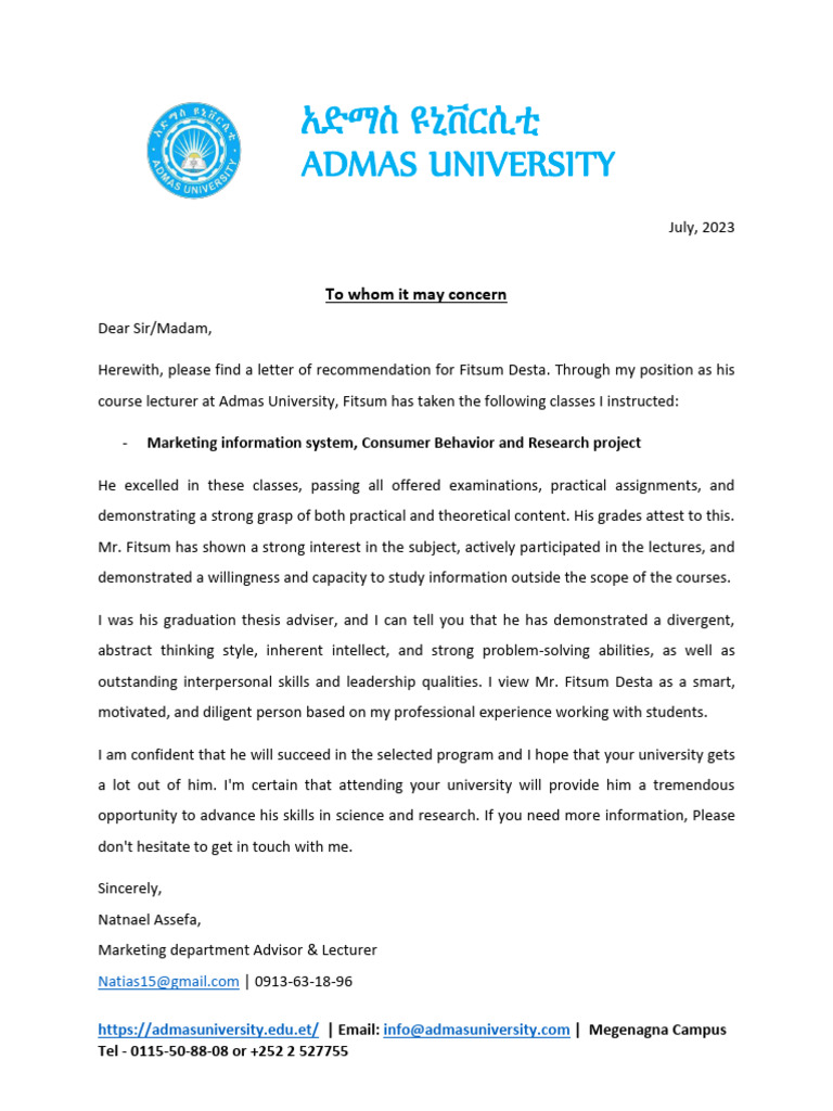 Recommendation Letter for Fitsum Desta | PDF