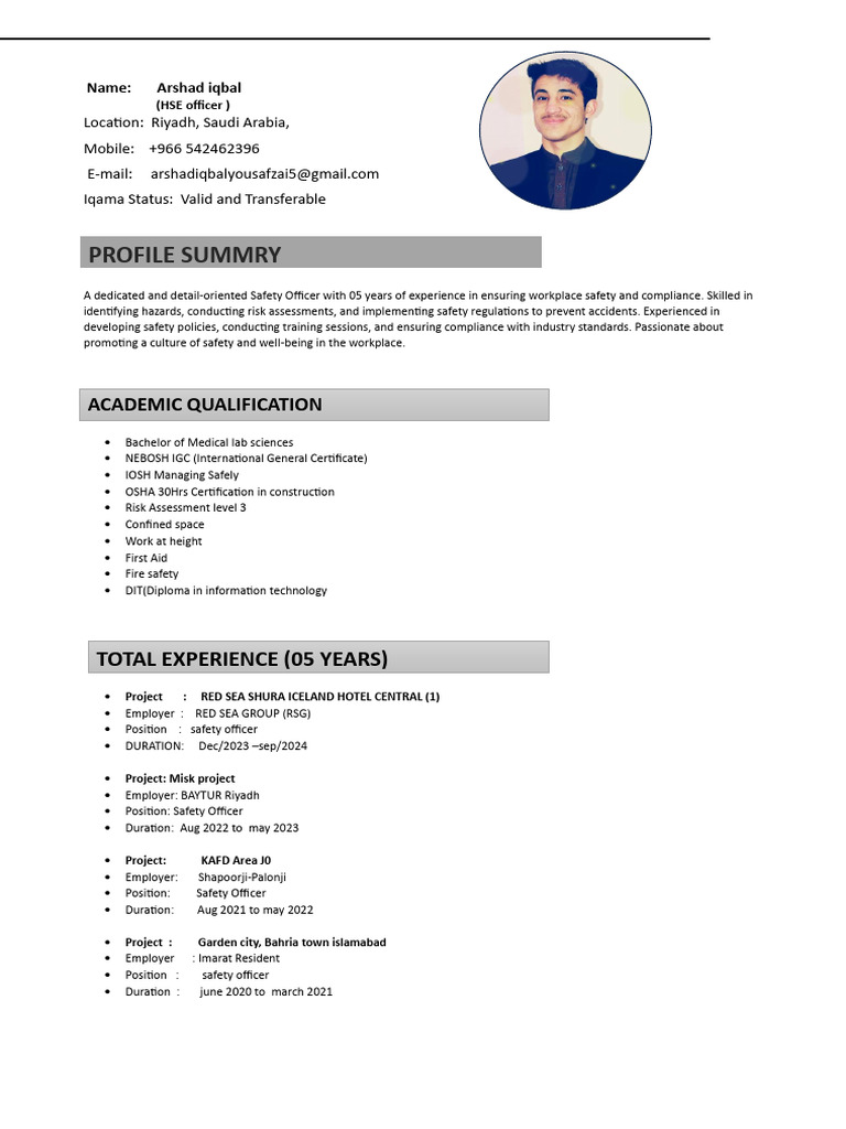Arshad Iqbal Safety Officer CV | PDF | Occupational Safety And Health | Safety