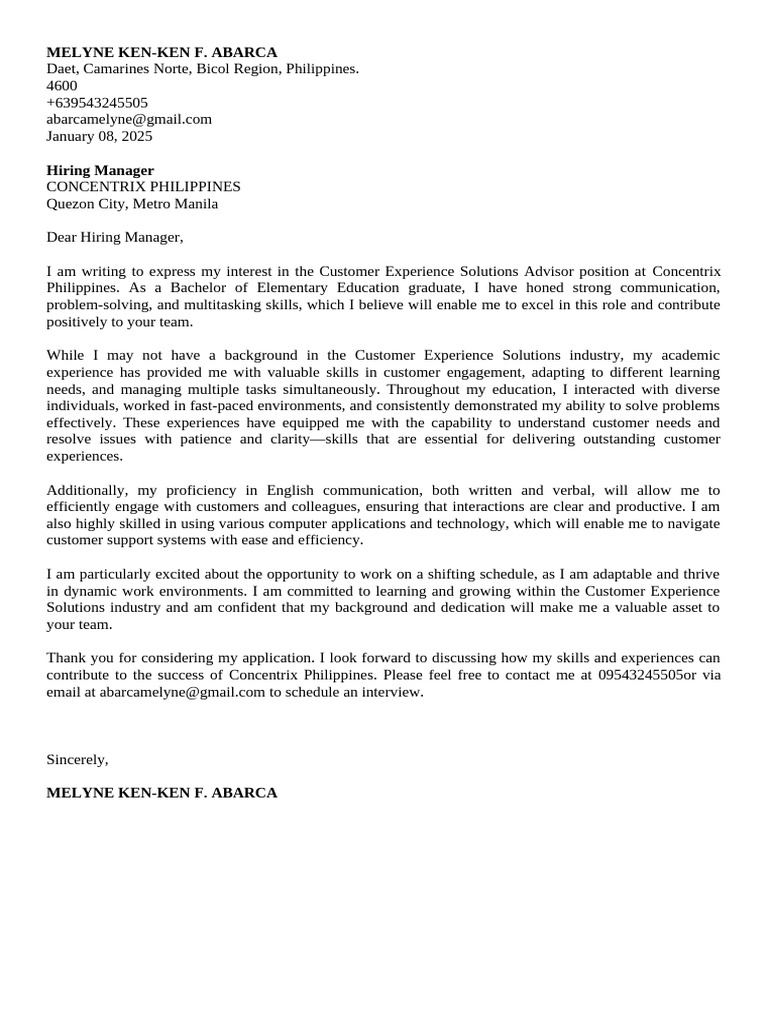 Concentrix Phil. Melyne Ken Cover Letter | PDF