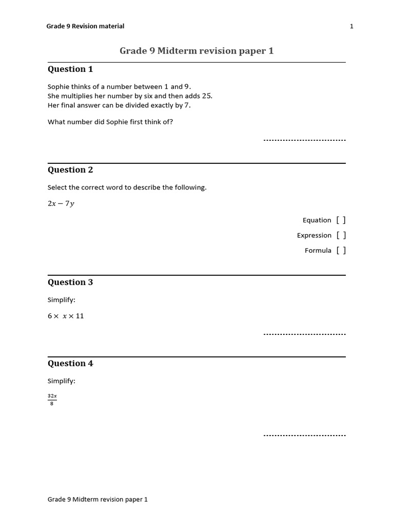 Grade 9 Midterm Revision Material Paper 1 (Set A) | PDF | Mathematics | Mathematical Objects