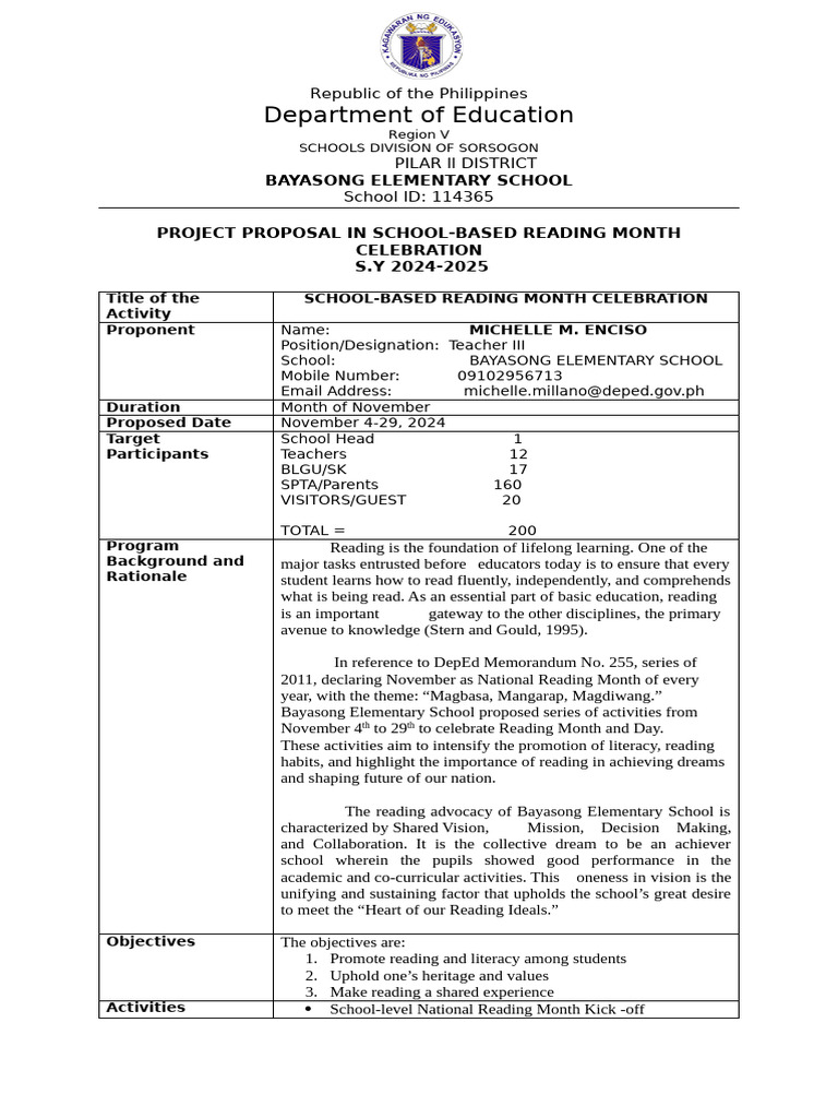Reading Proposal 2024 2025 Bayasong Es | PDF | Pedagogy | Learning