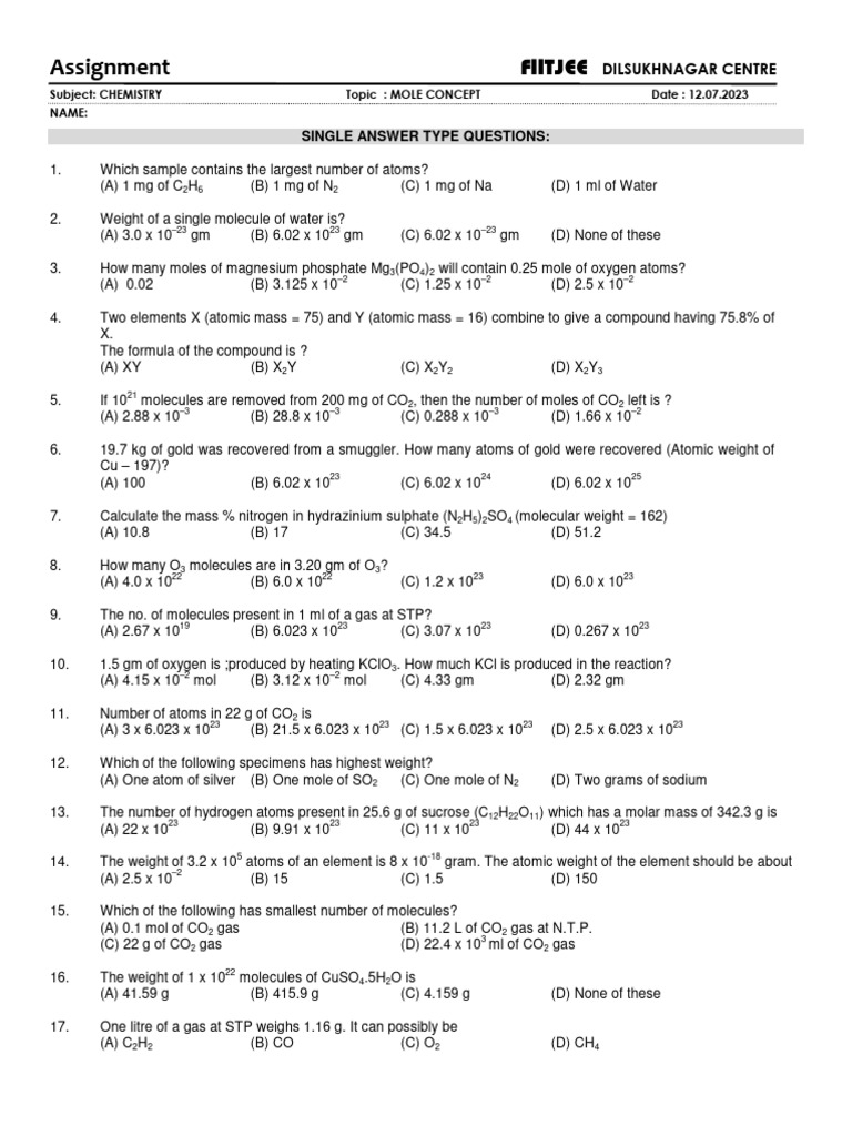 JR Mole Concept Assignment | PDF | Mole (Unit) | Molecules