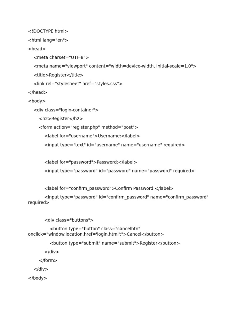 User Registration Form Html Template Pdf