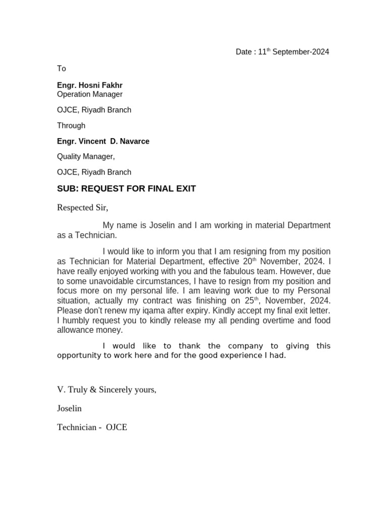 Technician's Final Exit Request | PDF