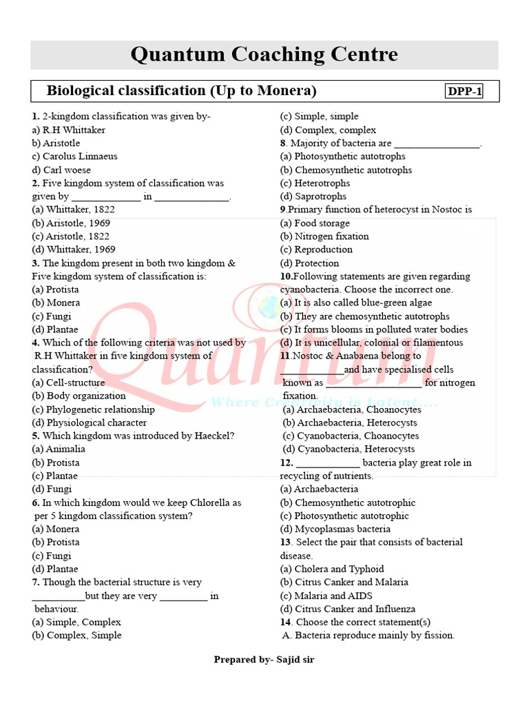 Biological Classification Quiz DPP-1 | PDF | Bacteria | Microorganism