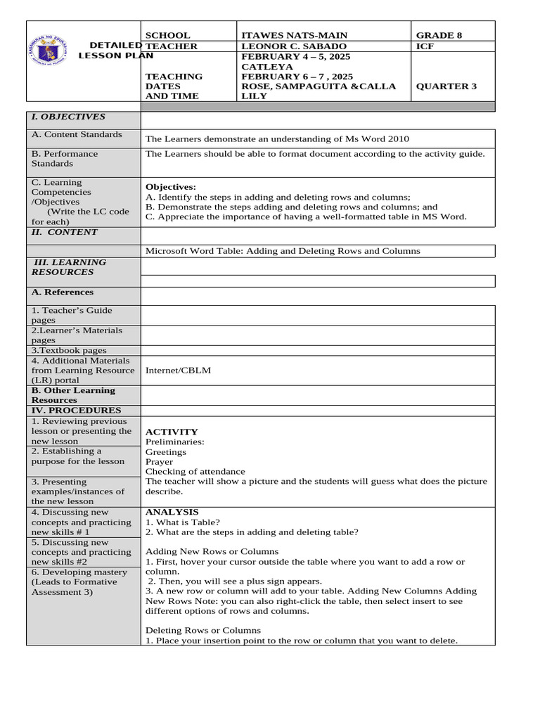 MS Word Table Formatting Lesson Plan | PDF | Microsoft Word | Learning