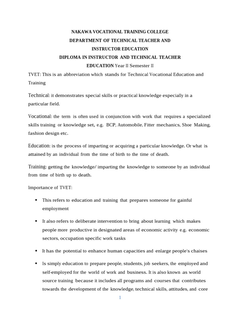 TVET Specific Methods Notes | PDF | Learning | Teachers