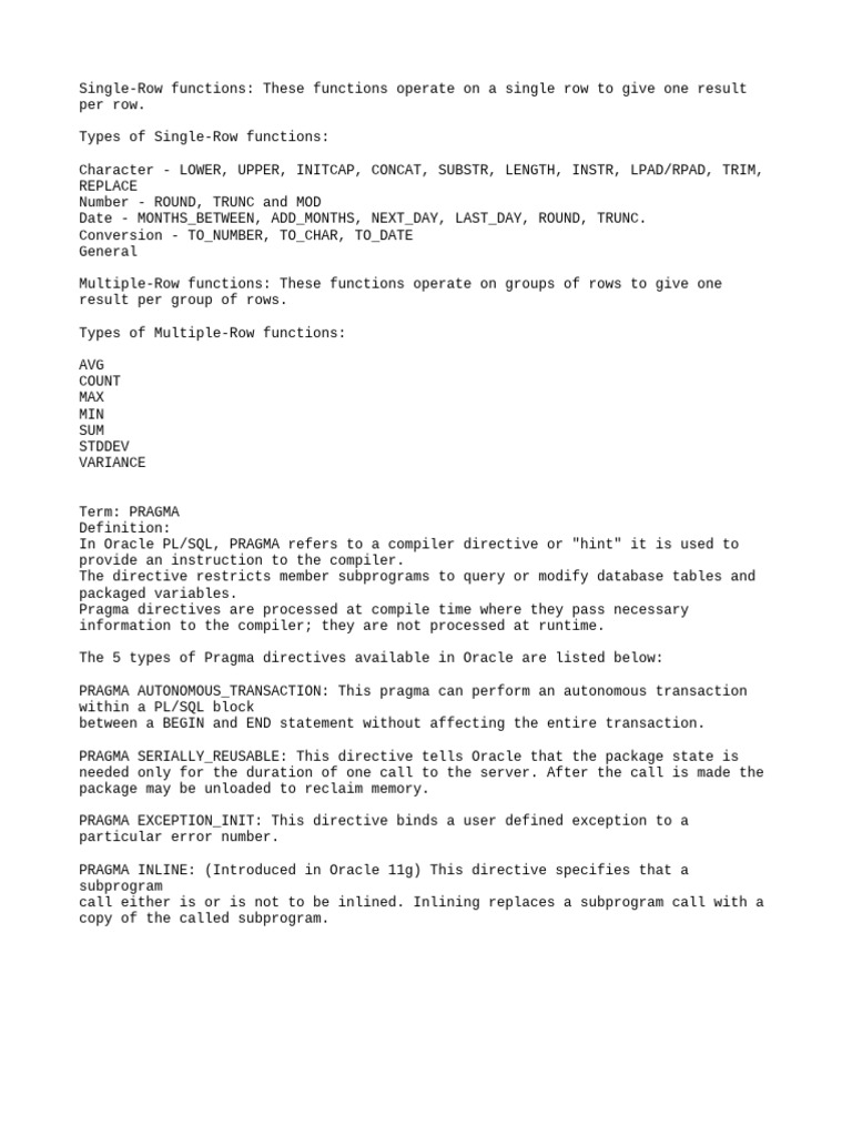 Oracle PL/SQL Functions and Pragmas Guide | PDF