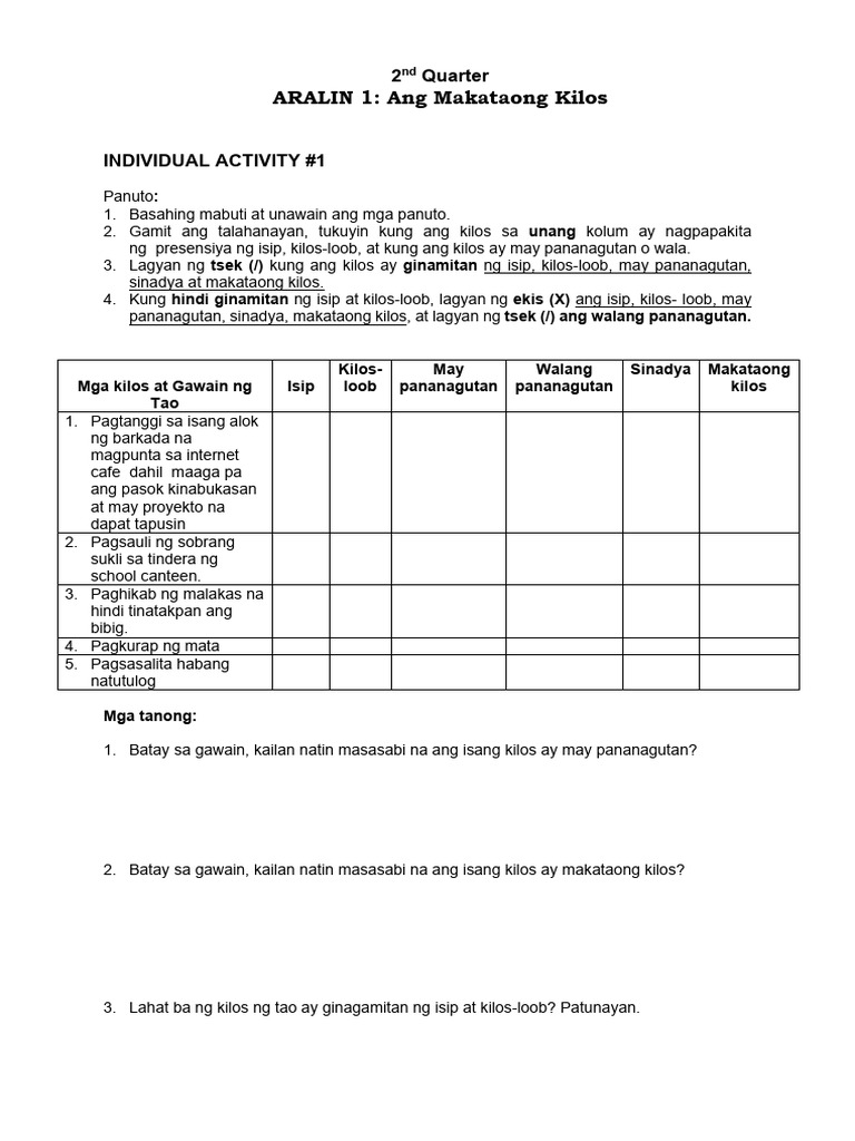 2nd QRT ARALIN 1 - INDIVIDUAL ACTIVITY 1 | PDF
