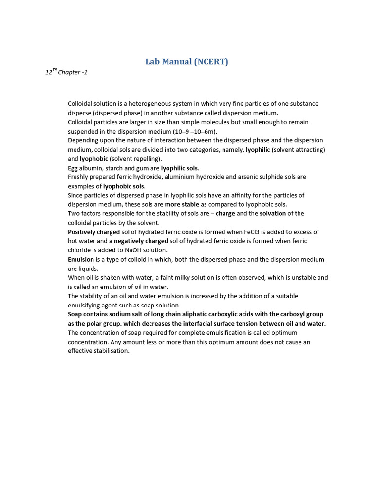 Lab Manual ncert in short by adp | PDF | Colloid | Emulsion