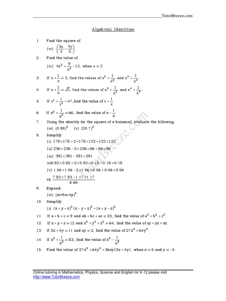 Algebraic Identities Practice | PDF | Algebra | Teaching Mathematics