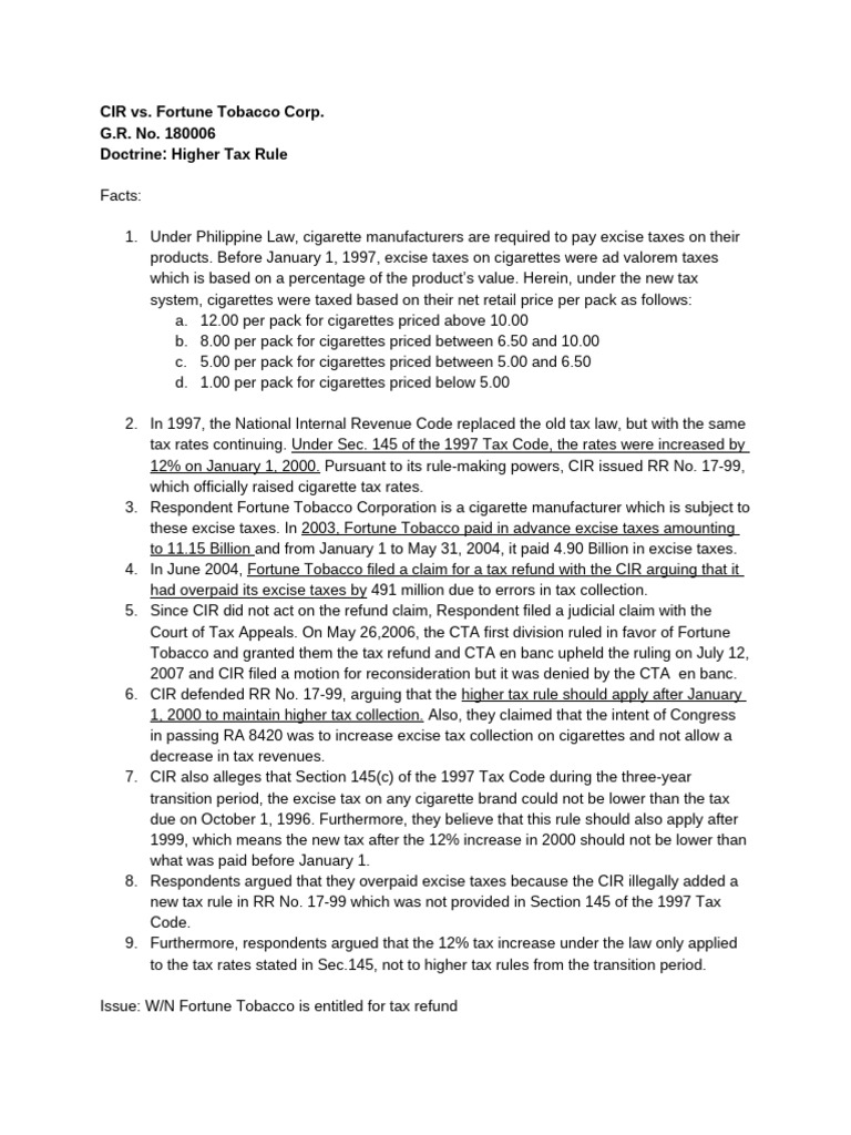 CIR Vs Fortune Tobacco Corp | PDF | Taxes | Excise
