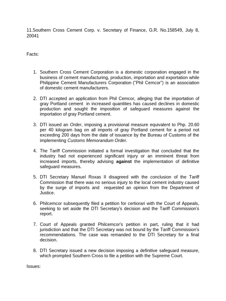 Southern Cross Cement Corp. v. Secretary of Finance | PDF ...