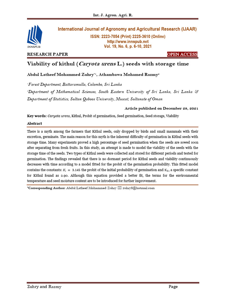 Viability of Kithul (Caryota Urens L.) Seeds With Storage Time | PDF ...