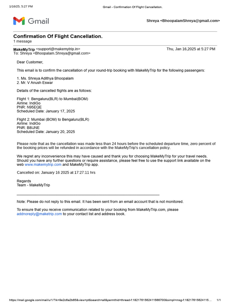 Gmail - Confirmation of Flight Cancellation | PDF