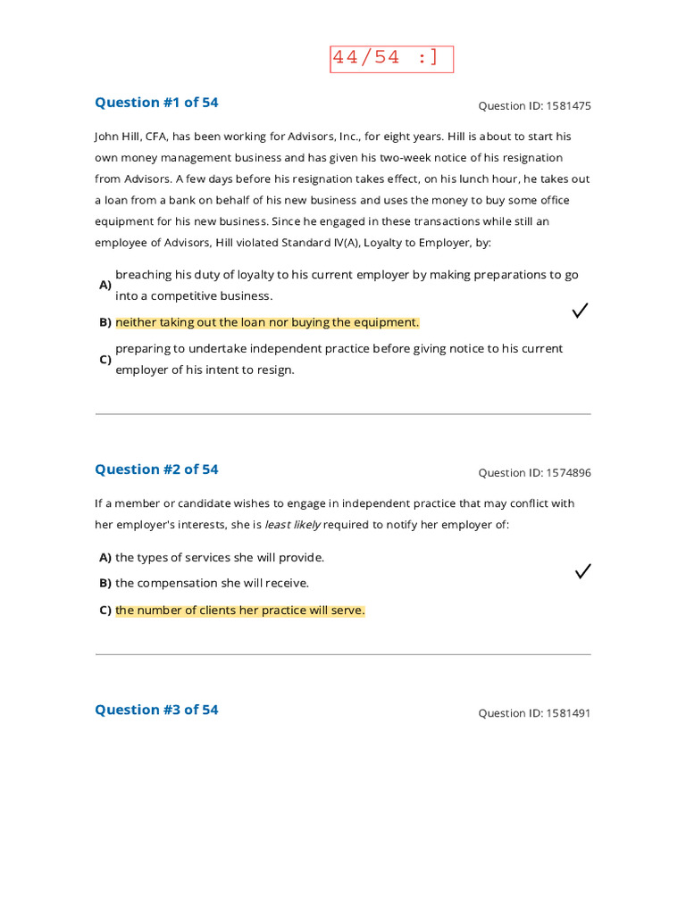 CFA Ethics Exam Practice Questions | PDF | Employment | Board Of Directors