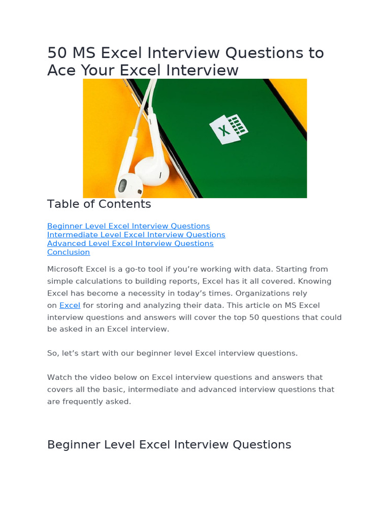 50 MS Excel Interview Questions To Ace Your Excel Interview For DA | PDF | Microsoft Excel ...