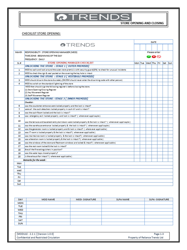 Store Opening and Closing Checklist | PDF
