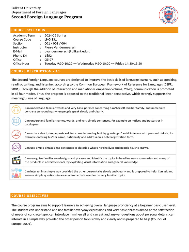 Bilkent LNG 131 A1 Syllabus 2024-25 | PDF | Language Education | Cognition