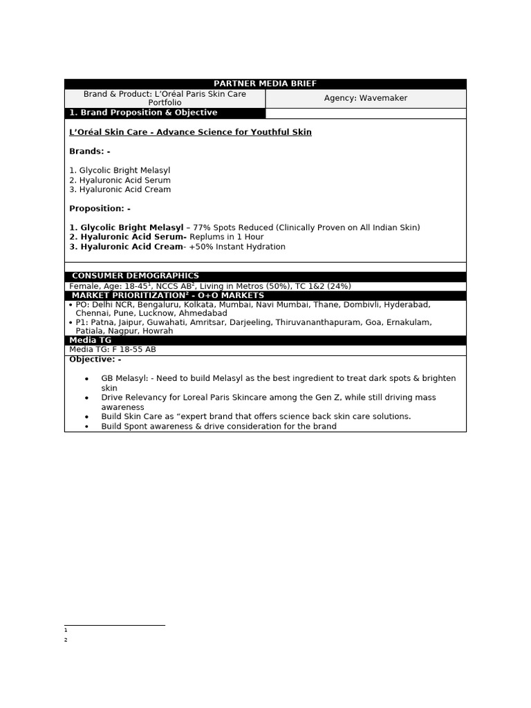 L’Oréal Paris Skin Care Media Brief | PDF
