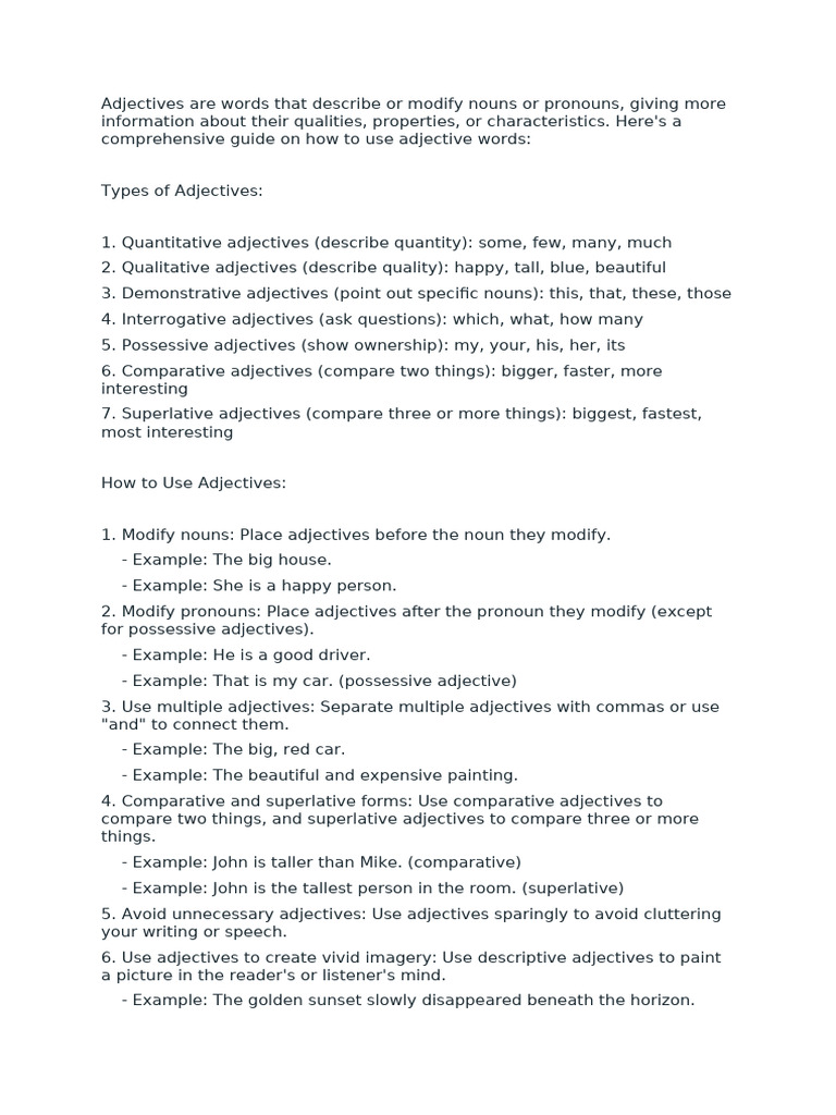 How To Use Sentence Adjectives Words | PDF