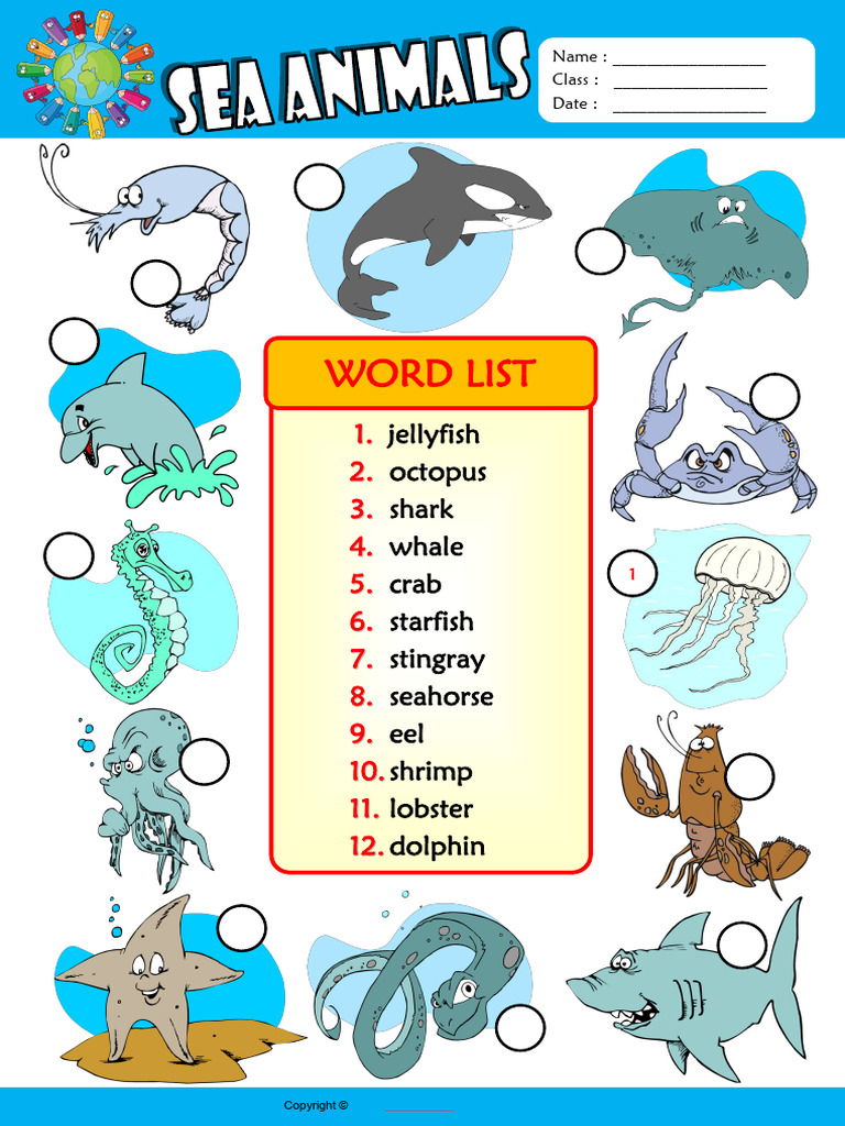 Sea Animals Esl Vocabulary Number The Pictures Worksheet For Kids | PDF