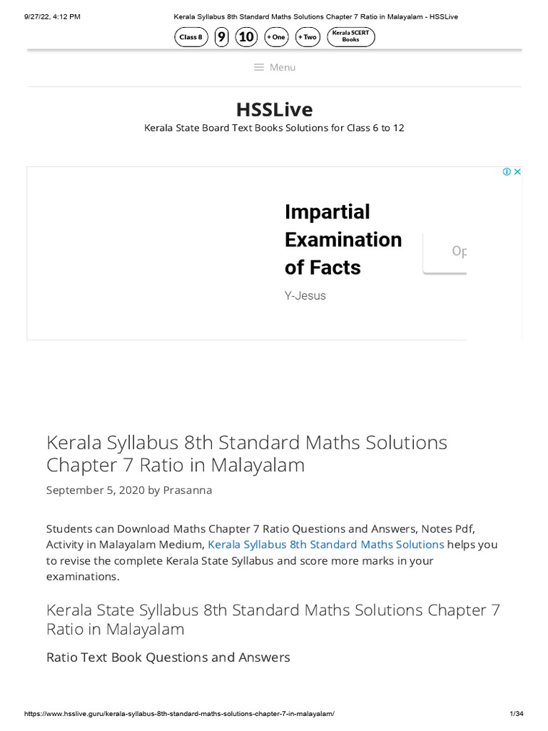 Kerala Syllabus 8th Standard Maths Solutions Chapter 7 Ratio in Malayalam - HSSLive | PDF ...