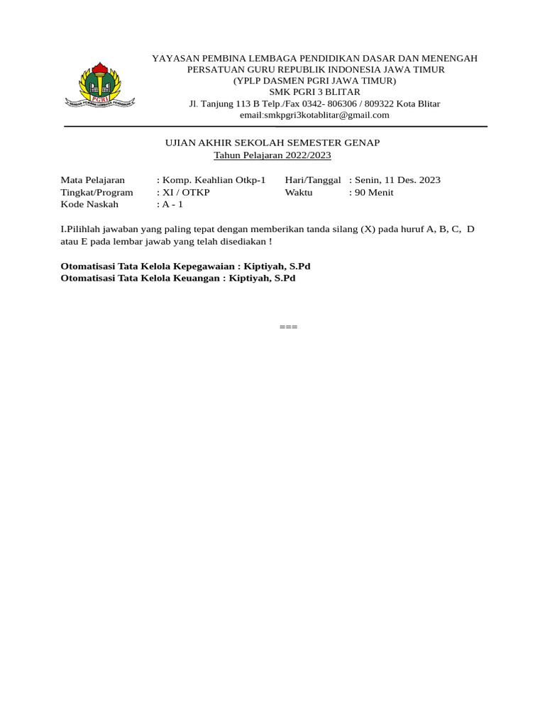 A.1 - Komp. Keahlian-1 - XI Otkp - Kurang B. KIptiyah | PDF