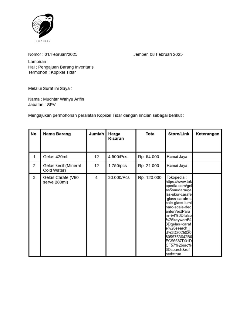 Pengajuan Inventaris Kopixel Tidar | PDF