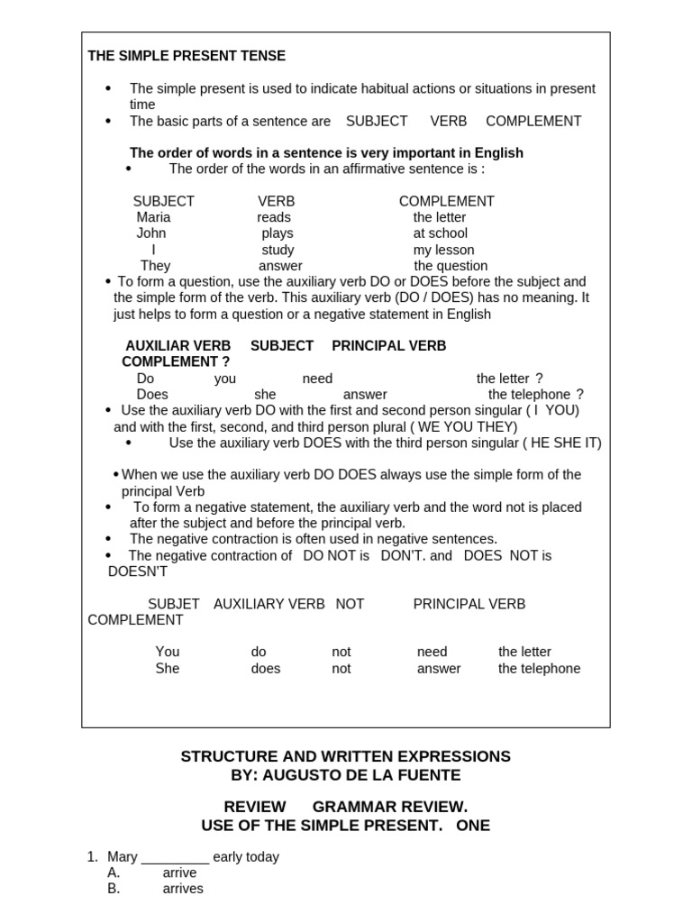 Review 60 Simple Present Ex. One | PDF | Verb | Subject (Grammar)